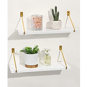 Gronda White Floating Shelves Set of 2, Modern Floating Shelves Wall Mounted with Gold Bracket Wall Shelves for Living Room Bathroom Bedroom Kitchen Office