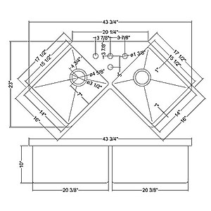 Ruvati RVH8400 Undermount Corner Kitchen Sink 16 Gauge 44" Double Bowl, Stainless Steel