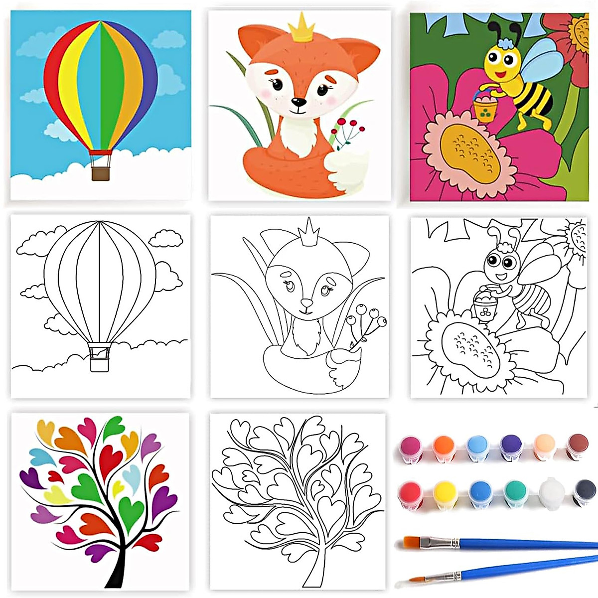 Aosemili Acrylic Paint Set for Kids - 4 Pre-Stenciled Painting Canvas Panels 8 x 8 inches with 12 Paints 2 Brushes for Girls Boys and Beginners