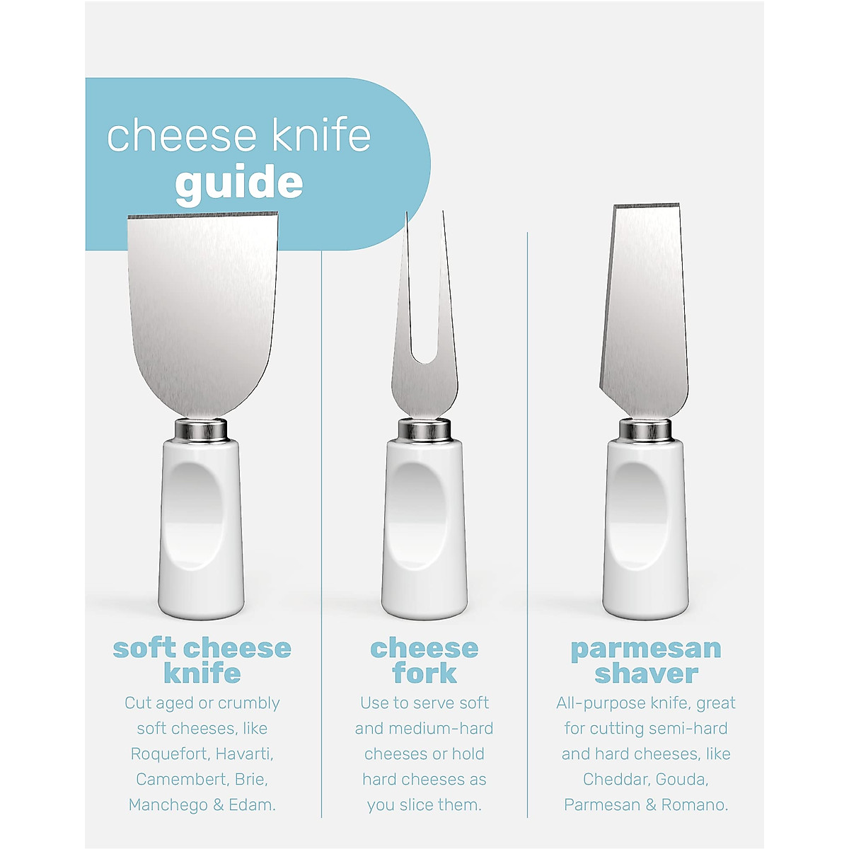 Wamery Cheese Knife Set - 3 Stainless Steel Cheese Knife Set for Charcuterie Board and Small Ceramic Cheese Cutting Board with Magnetic Wooden Holder Portable for Pairing with Wine Meat Fruit