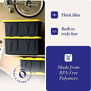 HOMZ 15-Gallon Durabilt Plastic Stackable Storage Organizer Container w/Snap Lid and Hasps for Tie-Down Straps or Locks, Black/Yellow (4 Pack)