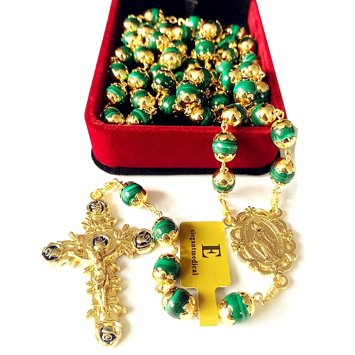 elegantmedical HANDMADE 18K Gold Plated UNDOUBTED Malachite Rosary Prayer Beads Necklace Catholic Gift & Box