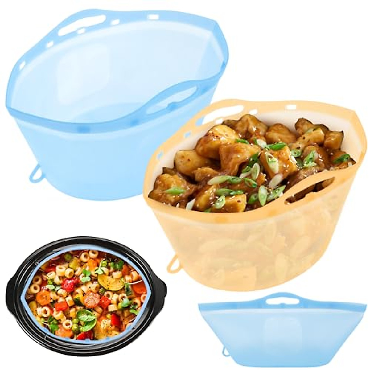 Ghojet Silicone Slow Cooker Liners Fits 6-10 QT Crock Pot Orange and Blue Silicone Crock Pot Liners Reusable Crock Pot Bags Liners for Round or Oval Pots Large Size Dishwasher Safe Leak-Proof Cooking