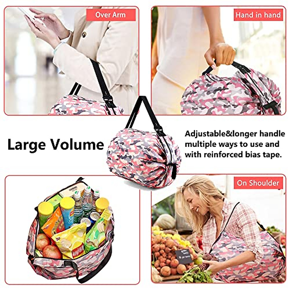 Reusable Shopping Bags, Foldable Grocery Storage Tote, Waterproof Oxford Cloth Duffle for shop, Large Durable Heavy Duty, Pink Camo