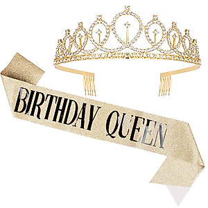 Birthday Crowns for Women, Didder Gold Rhinestone Tiara & Birthday Queen Sash, Birthday Crown Birthday Tiara Birthday Sash and Tiaras for Women Girls Birthday Gifts Party Accessories