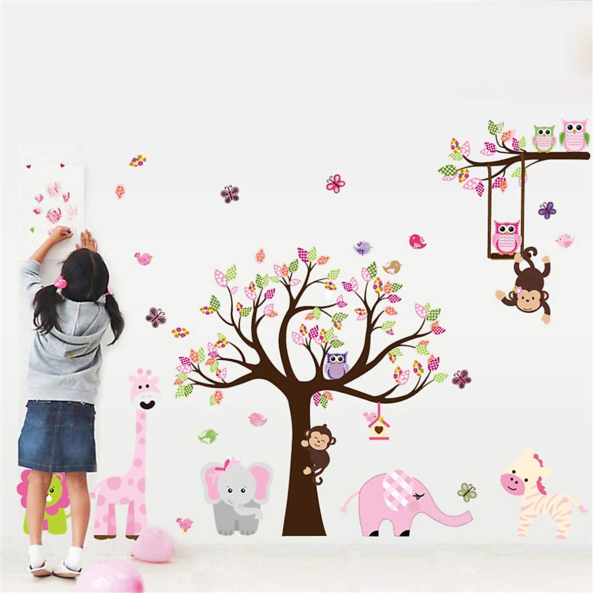 ufengke Animal Tree Wall Stickers Pink Elephant Giraffe Wall Decals Art Decor for Kids Bedroom Nursery DIY