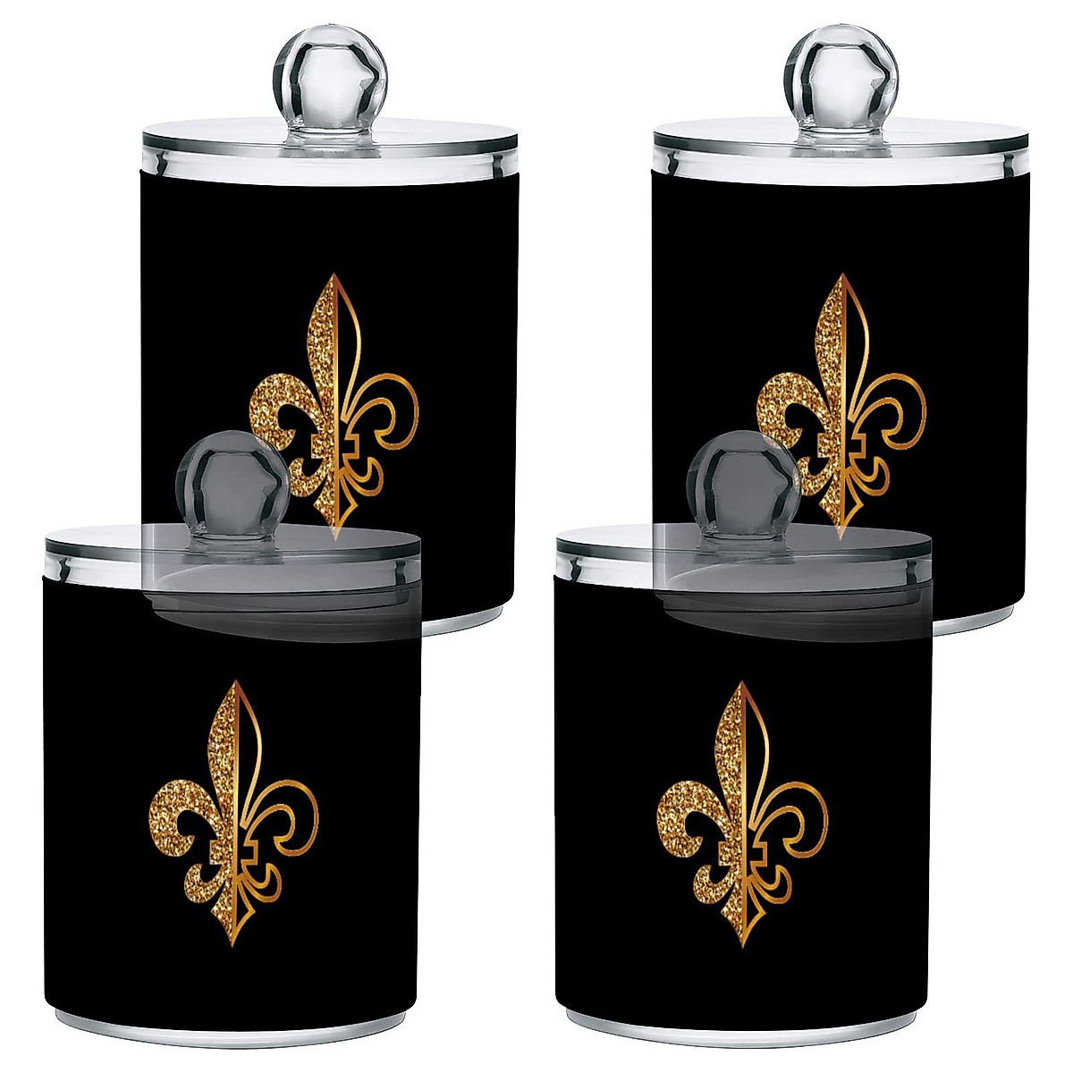 Quteprint 2 Pack Qtip Holder Dispenser, Gold Black Fleur De Lis Floral Clear Plastic Jar Bathroom Canister Storage for Cotton Swab, Cotton Ball, Floss Picks, Hair Clips, Makeup Sponges