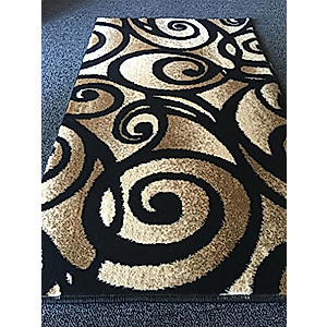 Bellagio Modern Doorway Mat Contemporary Area Rug Black Beige Abstract Swirl Design 341 (2 Feet X 3 Feet 4 Inch)