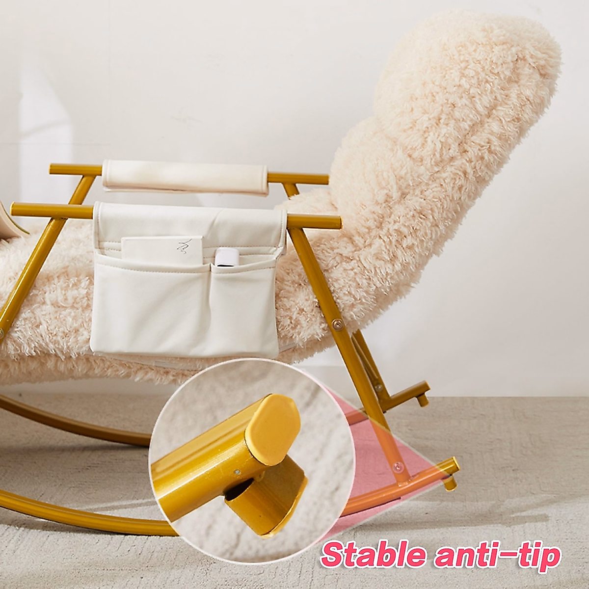 YNAYGDIUGD Upholstered Glider Rocker Chair,Outdoor Rocking Chair with Armrests,Patio Rocking Chair with Side Pockets,for Living Room, Hotel, Bedroom, Beige (Color : Gold)