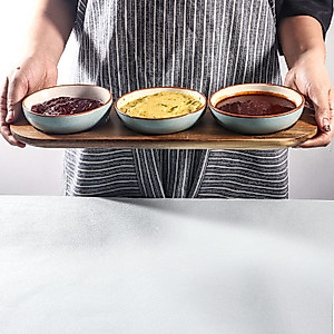 Artena 6oz Turquoise Solid Ceramic Chips and Dip Serving Platter with Acacia Wooden Tray & Bright White 6.75 inch Asian Soup Spoons Set of 6