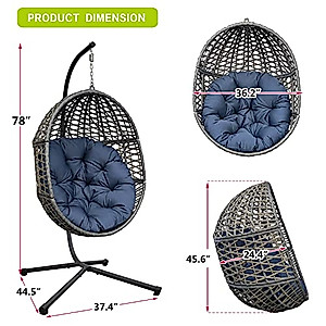 X-Large Luxury Outdoor Hanging Egg Chair with Stand, Heavy Duty Wicker Porch Swing Sets for Outdoor Patio Balcony Garden Decoration, All-Weather Egg-Shaped Hammock Swing Chair with Navy Blue Cushion