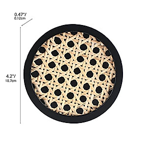 Unique Wooden Rattan Coasters | Stylish Rattan Decor to Protect Surfaces | Set of 4 | Classic Black Coasters for Drinks | Natural Handwoven Design (Round)