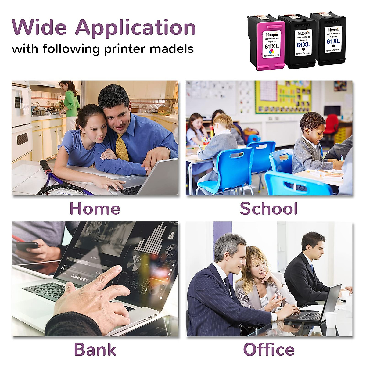 Inktopia 3 Pack Remanufactured Ink Cartridges Replacement for HP 61XL 61 XL (2 Black 1 Tricolor) Used in HP Officejet 4630 4632 4635 Deskjet 1010 2549 2540 3050 Envy 5530 4500 4501 Printer