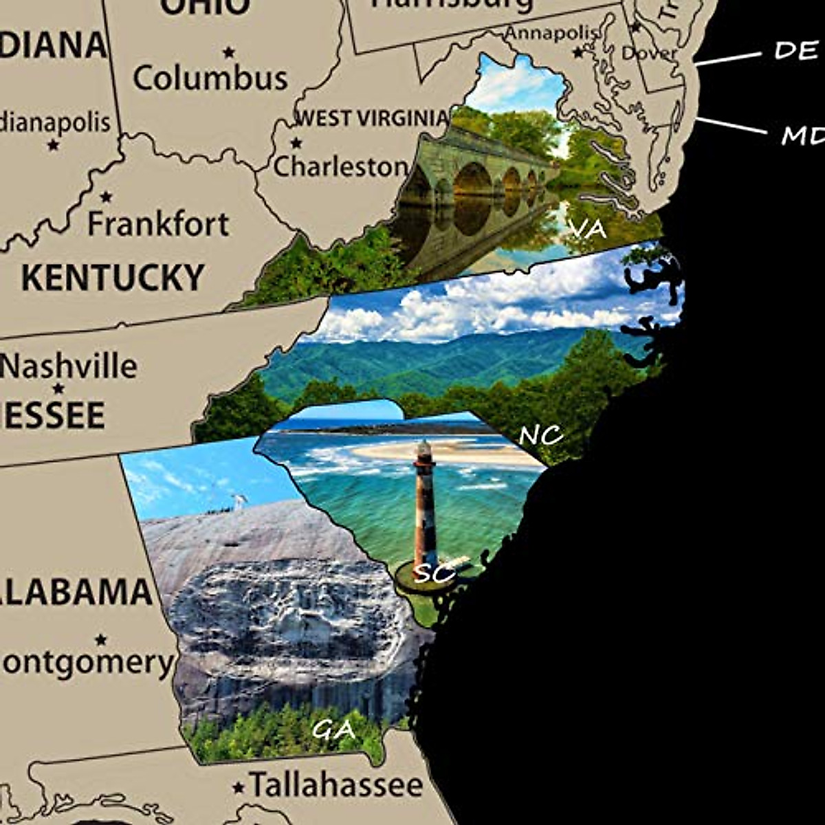 Scratch off Map United States of America Travel Poster 17 x 24 Wall Art Decor Photos of National Parks and other Iconic locations Includes State Flags Scratch Pen Guitar Pick and Gift Tube