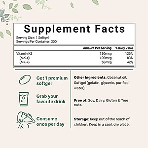 Micro Ingredients Full Spectrum Vitamin K2 MK-4 + MK-7 Supplement, 150 mcg, 300 Coconut Oil Softgles | Easily Absorbed, Active Menaquinone Complex | Immune, Joint, & Heart Support | Non-GMO