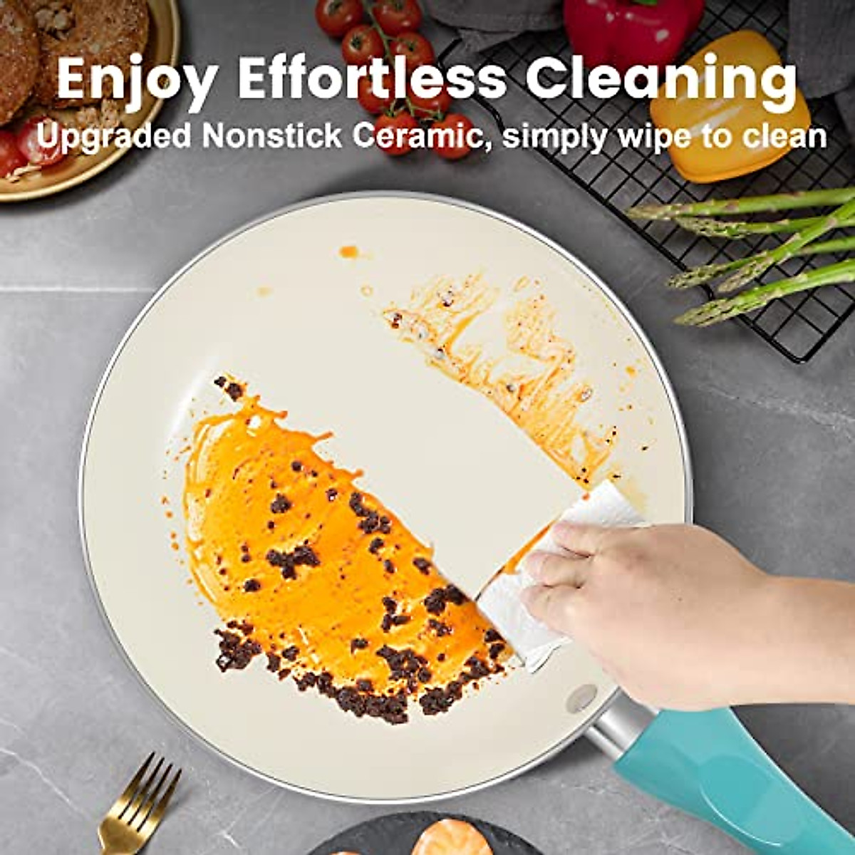 Pots and Pans Set Ultra Nonstick, Pre-assembled 7 Piece Ceramic Cookware Sets, Non Toxic Pots and Pans, Stay Cool Handle & Bamboo Kitchen Utensils, Gas/Induction Compatible, 100% PFOA Free, Turquoise