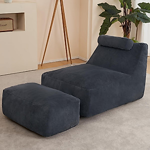 Homguava Bean Bag Chair Large Indoor Beanbag Sofa Lazy Beanbag with Neck Roll&Ottoman Cozy Floor Sofa with Washable Cover&Side Pocket for Bedroom (Dark Grey)