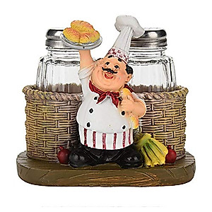 Salt and Pepper Shakers Set, Cute Fat Chef Decorative Statue Spice Organizer, with Holder Figurine Gift for Family, Kitchen, Restaurant, Cafe, Bakery (E14-15018-B)