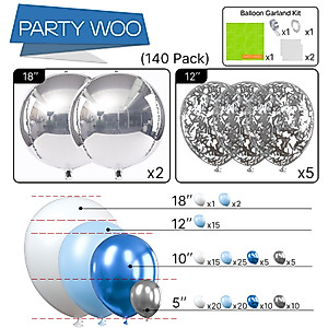 PartyWoo Blue Balloon Garland Kit, 140 pcs Blue and White Balloon Arch Kit, 4D Silver Balloons, Metallic Balloons, Confetti Balloons for Baby Shower Decorations, Birthday Decorations, Baptism