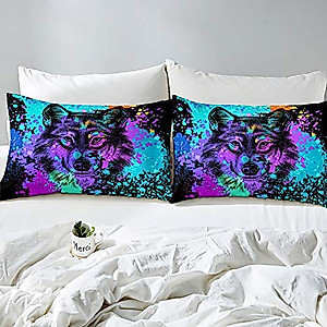 Erosebridal Wolf Bedding Set Full Size Tie Dye Duvet Cover Safari Animals Print Comforter Cover for Kids Boys Juvenile Splash Graffiti Hip Hop Bedspreads Cover with 2 Pillow Cases Colorful Teal Black