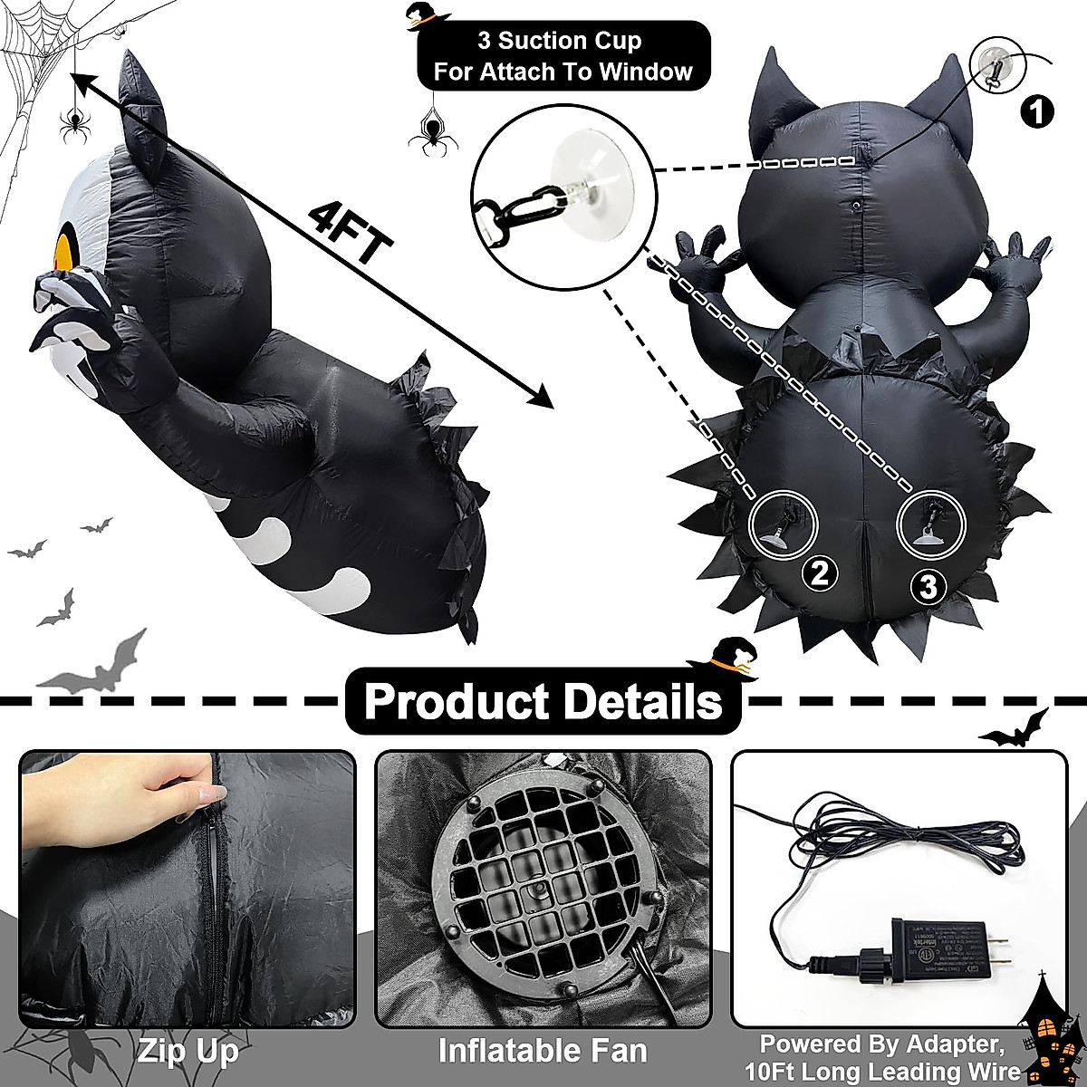 TURNMEON 4 Ft Halloween Inflatable Scary Black Cat Broke Out from Window Outdoor Halloween Decorations Blow Up Skeleton Build-in LED Lights Halloween Party Indoor Outside Home Yard Garden Lawn Decor