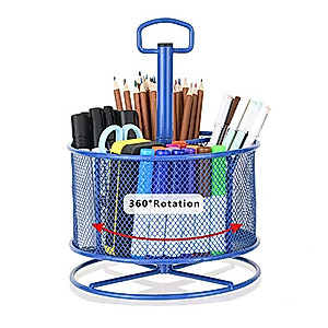 Marbrasse Mesh Desk Organizer, 360-Degree Rotating Multi-Functional Pen Holder, 4 Compartments Desktop Stationary Organizer, Home Office Art Supply Storage Box Caddy (Blue)