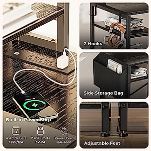 Huuger 55 inch Computer Desk with Adjustable Shelves, Gaming Desk with LED Lights & Power Outlets, Home Office Desk with Monitor Stand, Hooks & CPU Stand, Black