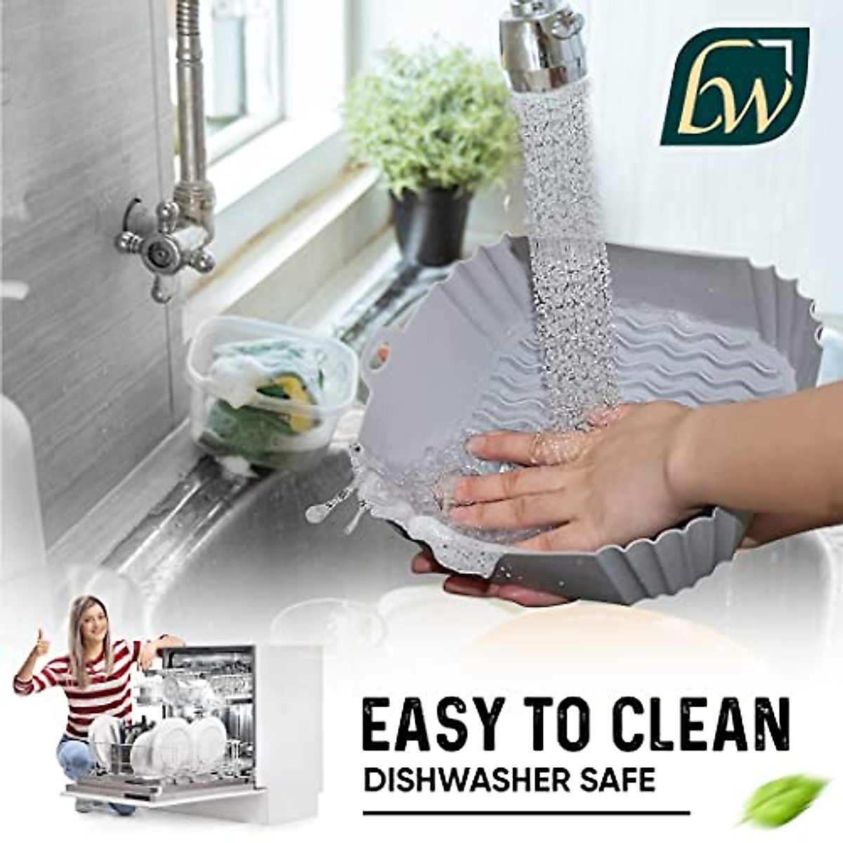 BW 2-Pack Square Silicone Air Fryer Liners 8 Inch For (4 to 7 QT) Reusable AirFryer Pot Air Fryer Inserts For Oven Microwave Accessories (Grey+Pink) + (2 Anti Heat Gloves)