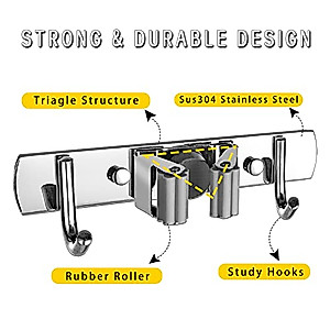 OUAIVANY Mop and Broom Holder Wall Mount, Mop Holder Stainless Steel Broom Hanger Rack Heavy Duty Broom Organizer for Home Kitchen Bathroom (2 Packs)