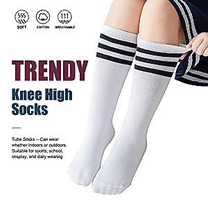 DOOVID Kids Soccer Socks Three Stripes Knee High Socks Cotton Sports Socks Toddler Boys Girls Uniform Tube Socks White Blue Red
