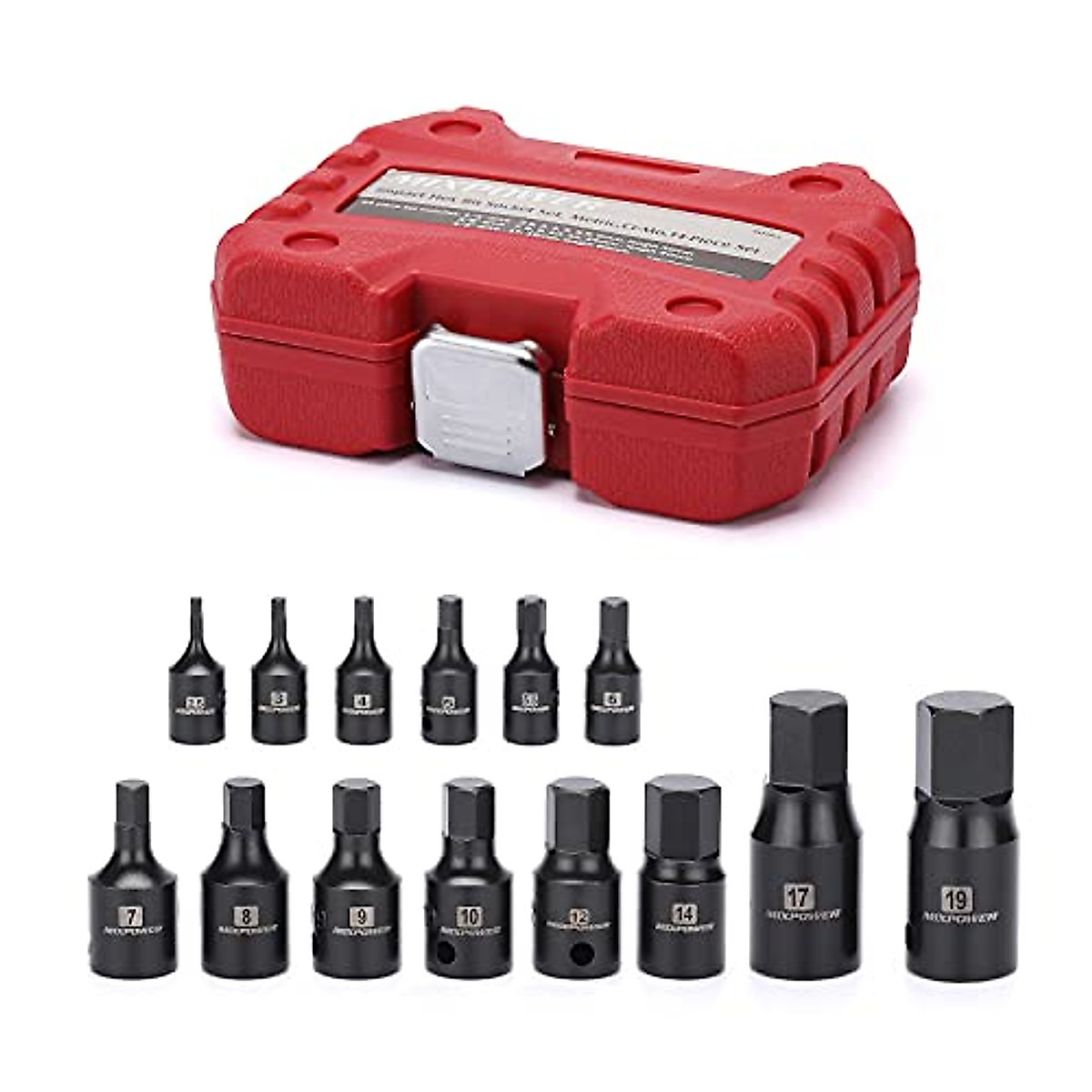 MIXPOWER 14-Piece Dr. Bit Socket Set, 2.5mm to 19mm, 1/4", 3/8" and 1/2" Drive, Cr-Mo Impact Grade, Metric, Hex Bit Socket