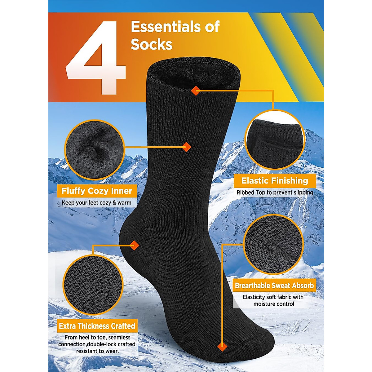Bymore 2 Pairs Thermal Socks for Men,Heated Socks for Women, Warm Thick Winter Socks Insulated Cold Weather(Black,4-10)