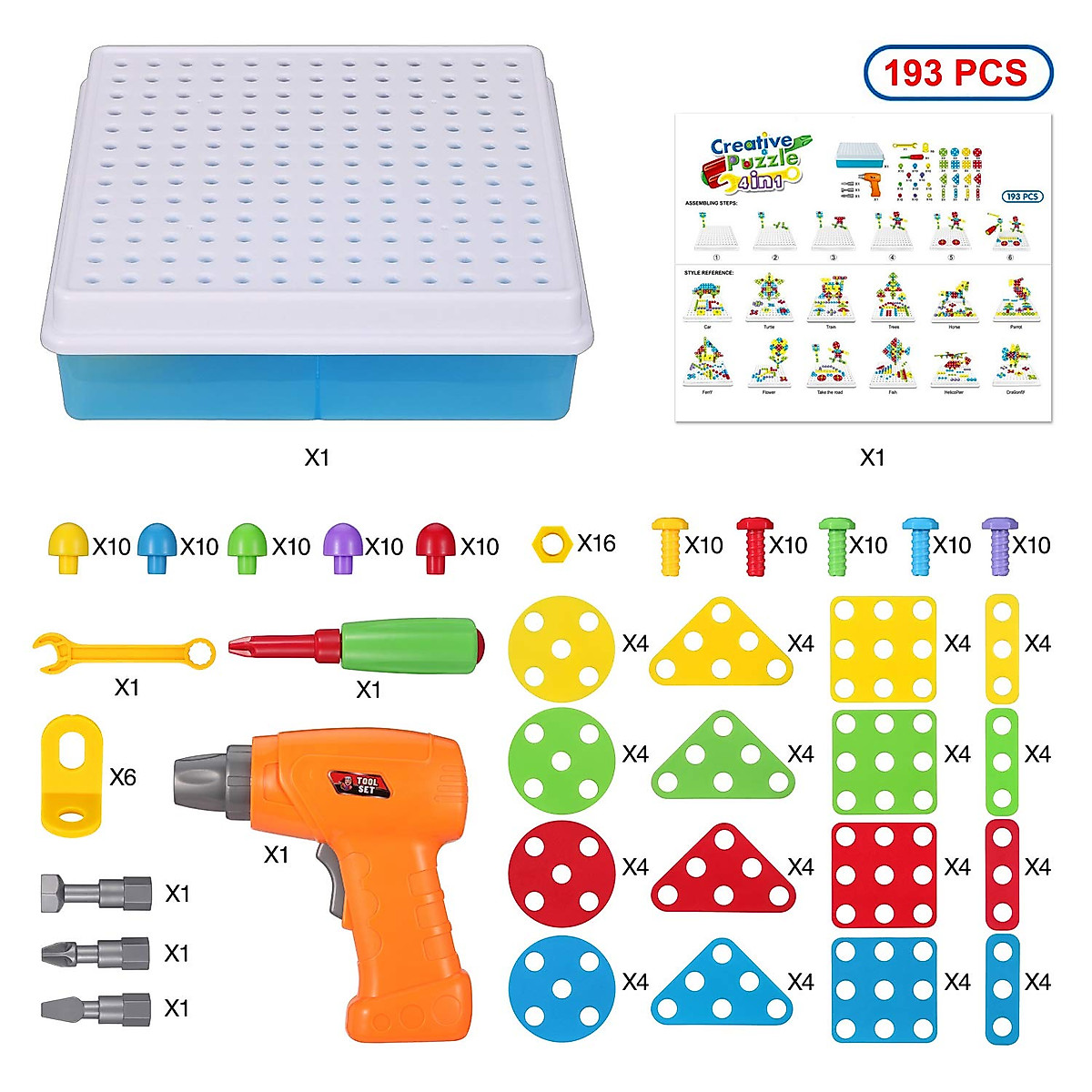 Haifeng Creative Mosaic Drill Set for Kids, STEM Toys for 3+ Year Old, Electric Drill Toy with DIY Screwdriver Tool,3D Construction Toys for Boy & Girl, Building Blocks for Toddler Preschool