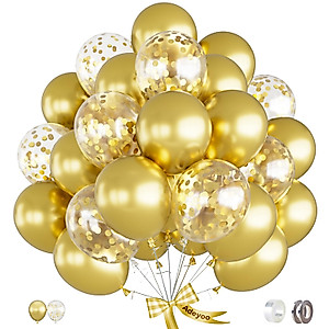 Adeyoo Metallic Gold Party Balloons,60pcs Gold Confetti Balloons Set,12 Inch Natural Latex Balloons Sparkle Balloons Metallic Balloons with Ribbon for Birthday Graduation Anniversary Party Decorations