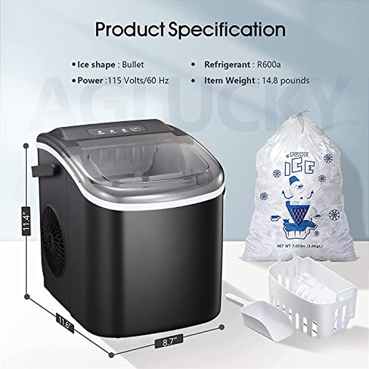 AGLUCKY Ice Makers Countertop,Protable Ice Maker Machine with Handle,Self-Cleaning Ice Maker, 26Lbs/24H, 9 Ice Cubes Ready in 8 Mins, for Home/Office/Kitchen (Black)