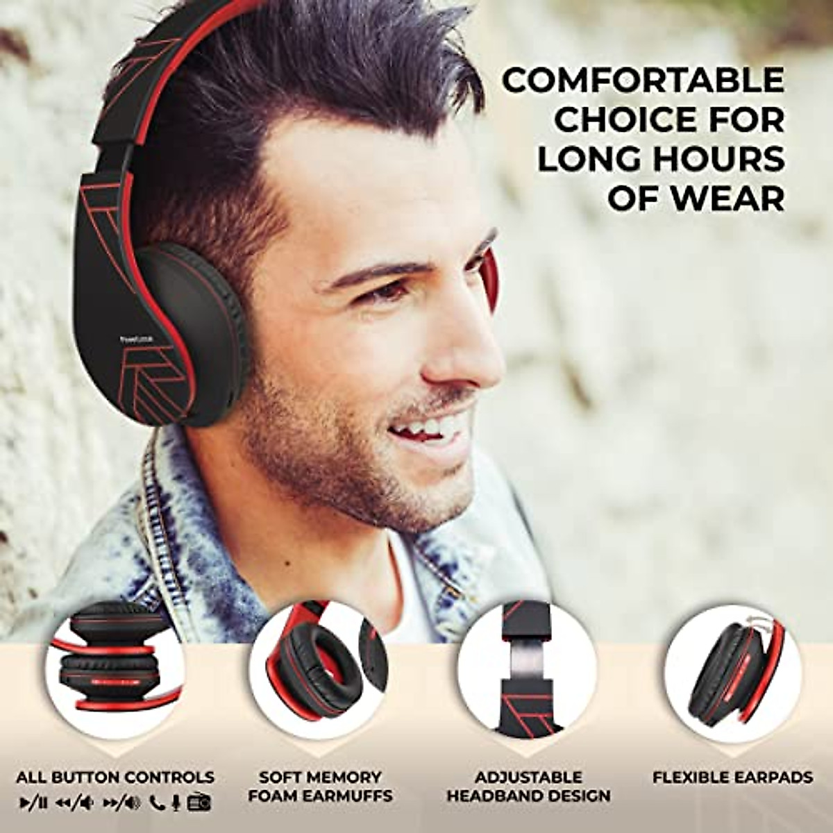 PowerLocus Bluetooth Over-Ear Headphones, Wireless Stereo Foldable Headphones Wireless and Wired Headsets with Built-in Mic, Micro SD/TF, FM for iPhone/Samsung/iPad/PC (Black/Red)