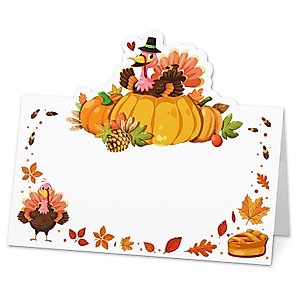 Whaline 100Pcs Thanksgiving Place Cards Turkey Pumpkin Leaves Tent Name Cards Fall Blank Seating Cards for Autumn Wedding Birthday Party Supplies, 2 x 3.5 Inch