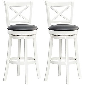 HOMCOM Traditional Bar Height Bar Stool, 31 Inch Seat Height Barstool, Swivel PU Leather Upholstered Chair, with Cross Back and Rubberwood Frame, Set of 2, Cream White