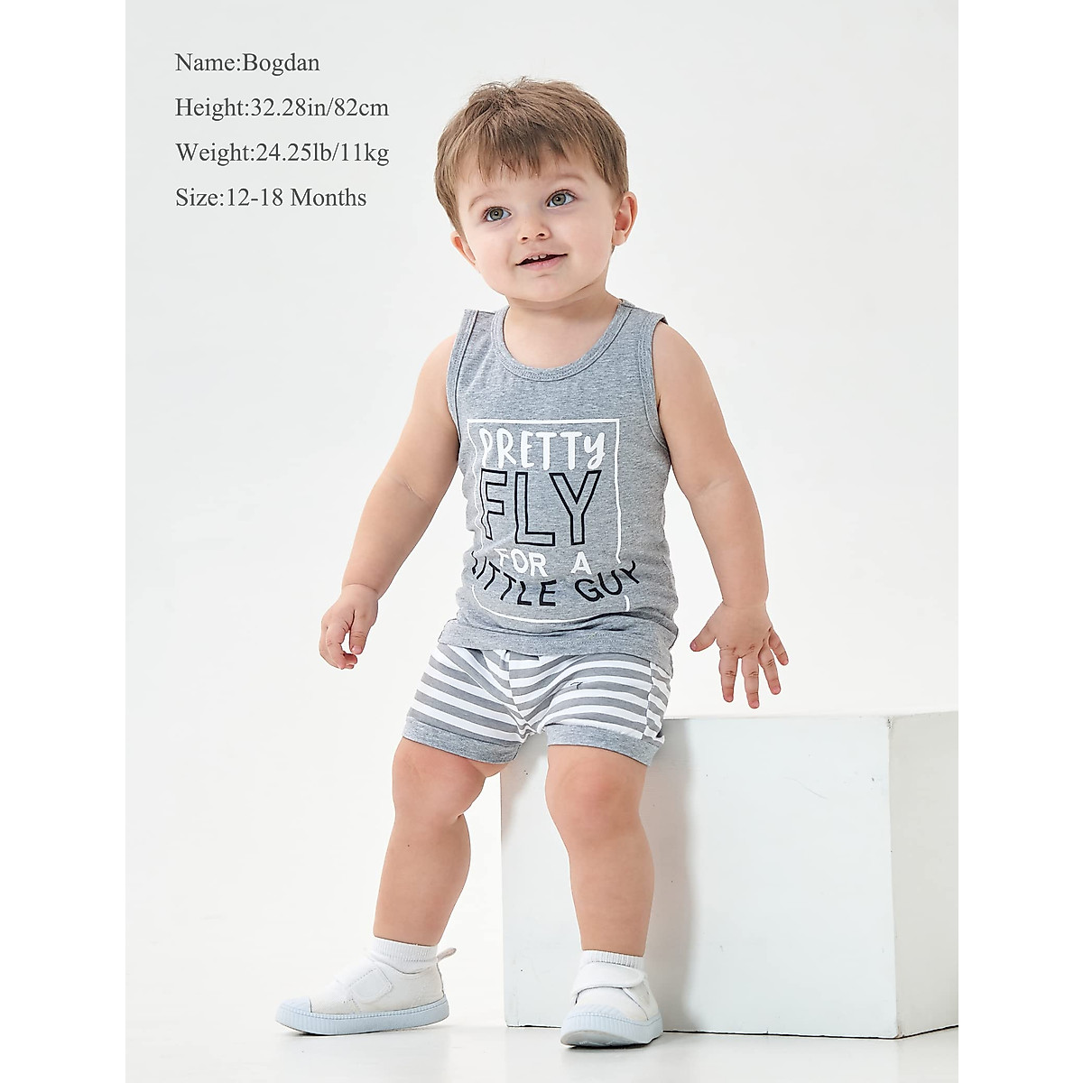 Crazyme Toddler Baby Boy Clothes Outfits Sleeveless Tops Striped Shorts Summer Baby Boys Clothes Set (Grey, 18-24 Months)