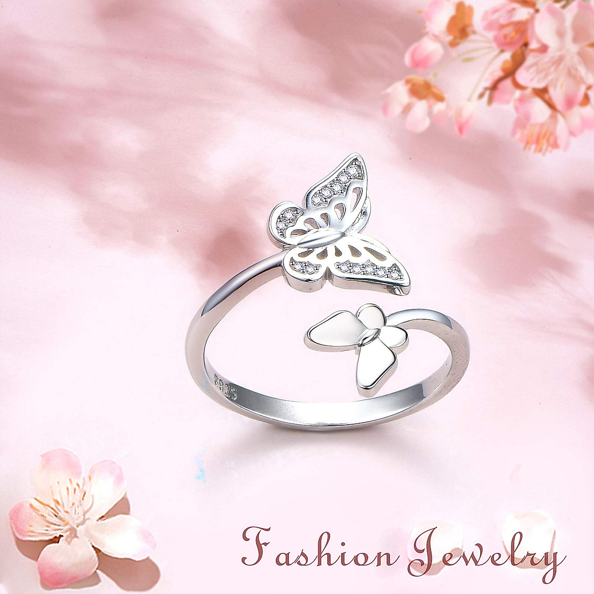 FLYOW Butterfly Ring 925 Sterling Silver Double Butterfly Wrap Around Ring with White CZ Adjustable Thumb Open Rings for Women Jewelry Gifts