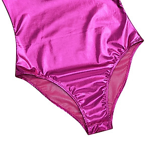 Sywiyi Women's Shiny Metallic Bodycon Bodysuit Long Sleeve Scoop Neck Gymnastics Leotard Dance Costume Rose Short Sleeve X-Large