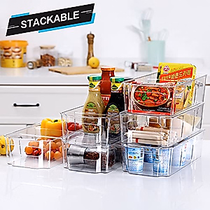 [ 4 Pack ] 12 Inch Non-Skid Turntable Lazy Susan Organizers + 8 Pack, Stackable Clear Bins with Removable Dividers - Plastic Refrigerator Organizer Bins - Food Snack, Pantry Organization and Storage