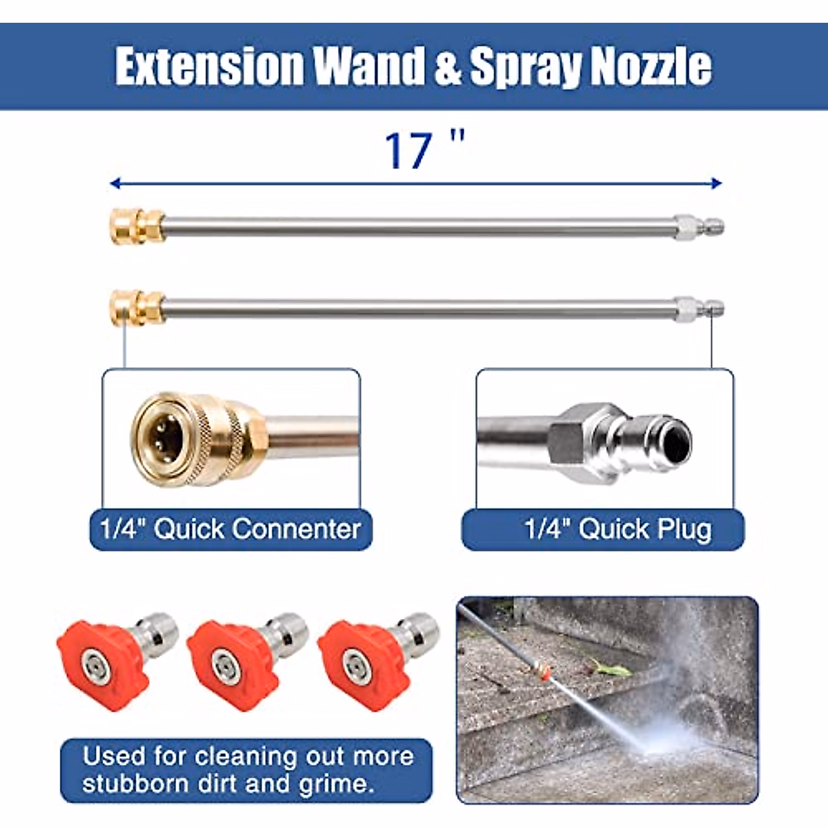 JANZ 18" Pressure Washer Surface Cleaner with 4 Wheels,1/4" Quick Plug,Stainless Steel Housing,2 Extension Wand Attachments, 3 Spray Nozzles and 2 Replacement Nozzles, 4000 PSI