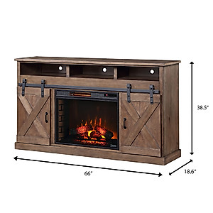 Bridgevine Home Rustic Farmhouse Fireplace TV Stand, 66 Inches, Accommodates TVs up to 80 inches, Fully Assembled, Knotty Alder Solid Wood, Barnwood Finish