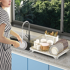 Buruis Dish Drying Rack, Gold Dish Drainer Organizer Includes Removable Drain Board and Utensil Holder, Large Capacity Metal Dish Racks for Kitchen (White)