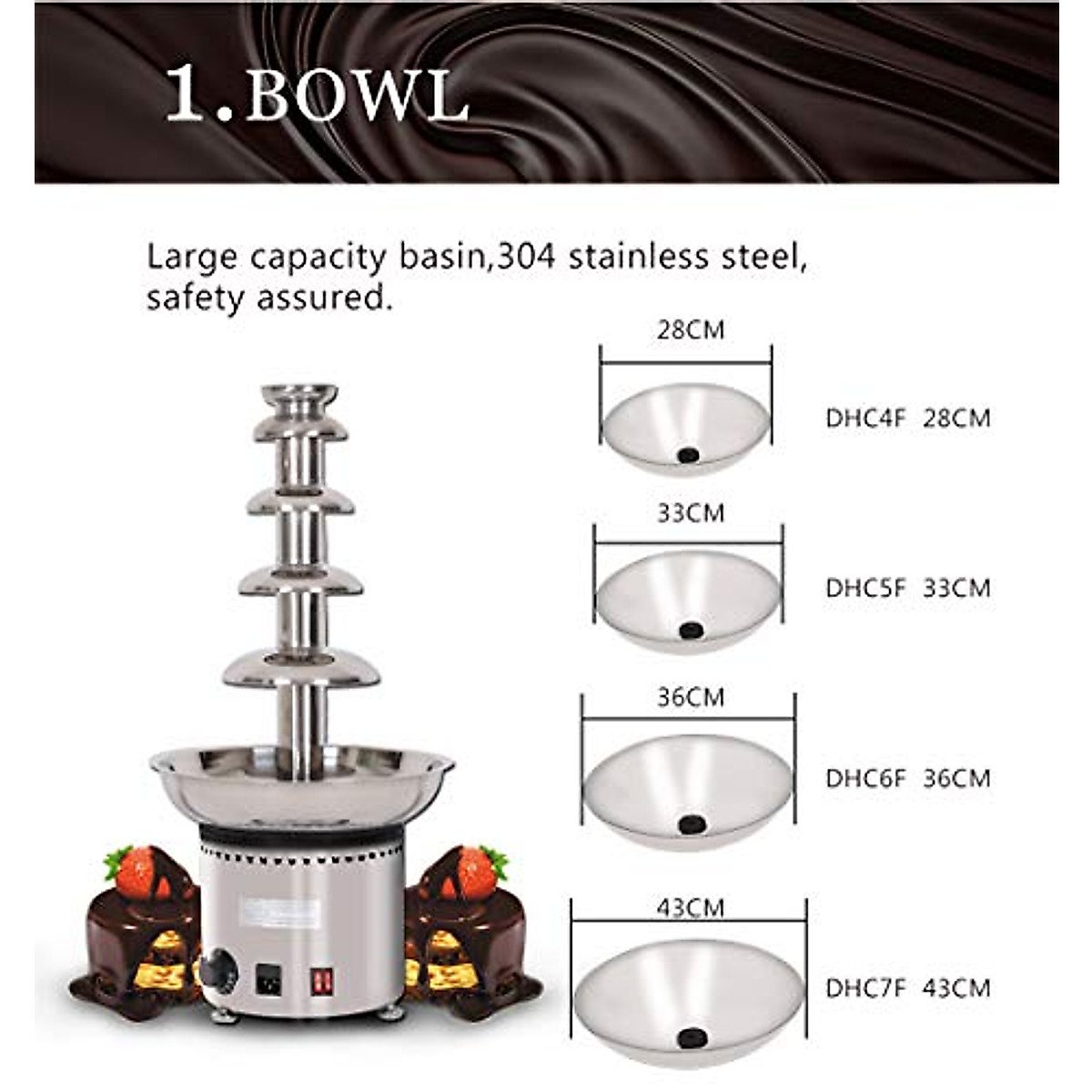NEWTRY 6 Tiers Stainless Steel Chocolate Fondue Fountain Machine 13.23lbs Capacity 86~230℉Adjustable For Home Party Restaurant (110V)