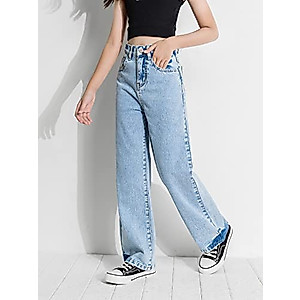 Romwe Girl's Vintage High Waisted Straight Leg Jeans Regular Fit Denim Pants Blue Light Wash 160