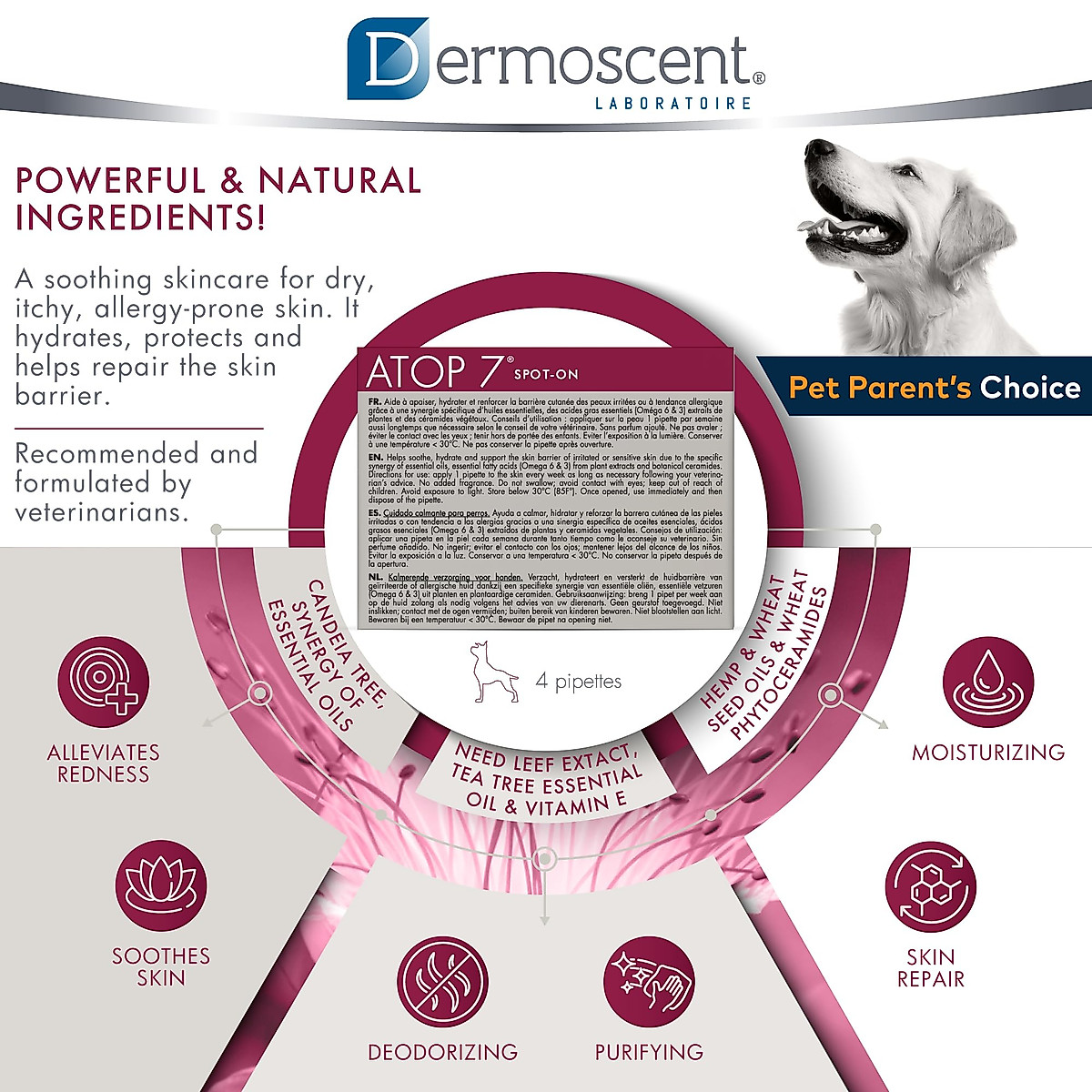 Dermoscent ATOP 7 spot-on - Large Dogs 45-90 lbs - Soothing Care for Sensitive, Dry and Itchy Skin or Allergy Prone Skin - Natural Ingredients - 4 pipettes