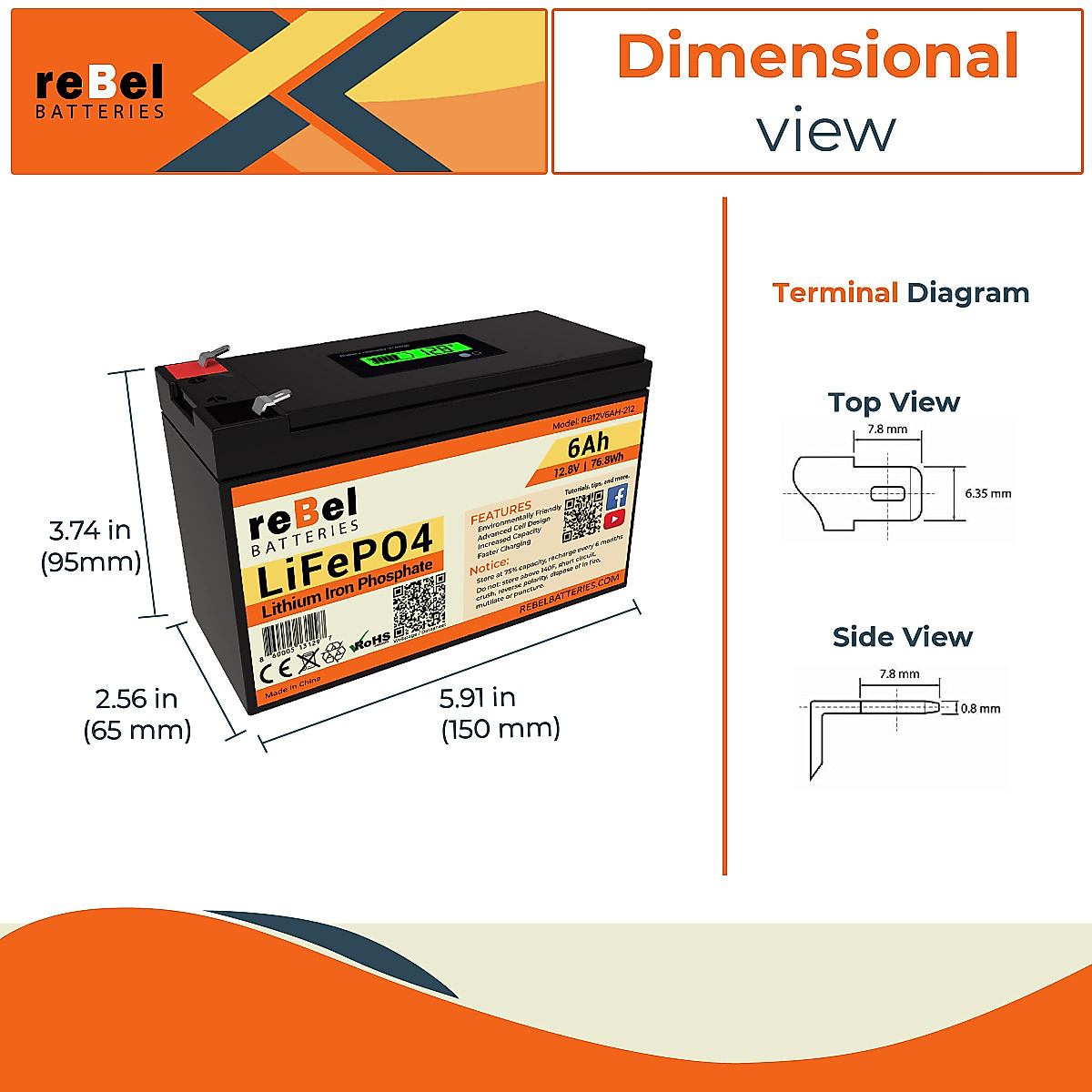 reBel Batteries 6ah Lithium Battery with LCD - LiFePO4 12V 6Ah Battery - Kayak Battery - Fishing Electronics - Solar Battery - Lithium Iron Phosphate Battery with Low Temp Protection