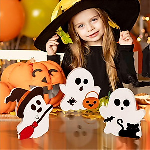 3 Pcs Cute Ghost Halloween Decorations for Indoors, Spooky Decorations, Wooden Tiered Tray Decor Table Sign, Black Cat, Bat, Witch Broom Signs, Pumpkin Blocks for Party Home Shelf Display